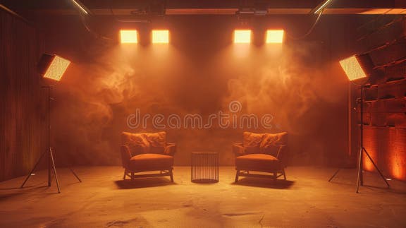 Dramatic Interview Set with Orange Lighting and Smoke Stock ...