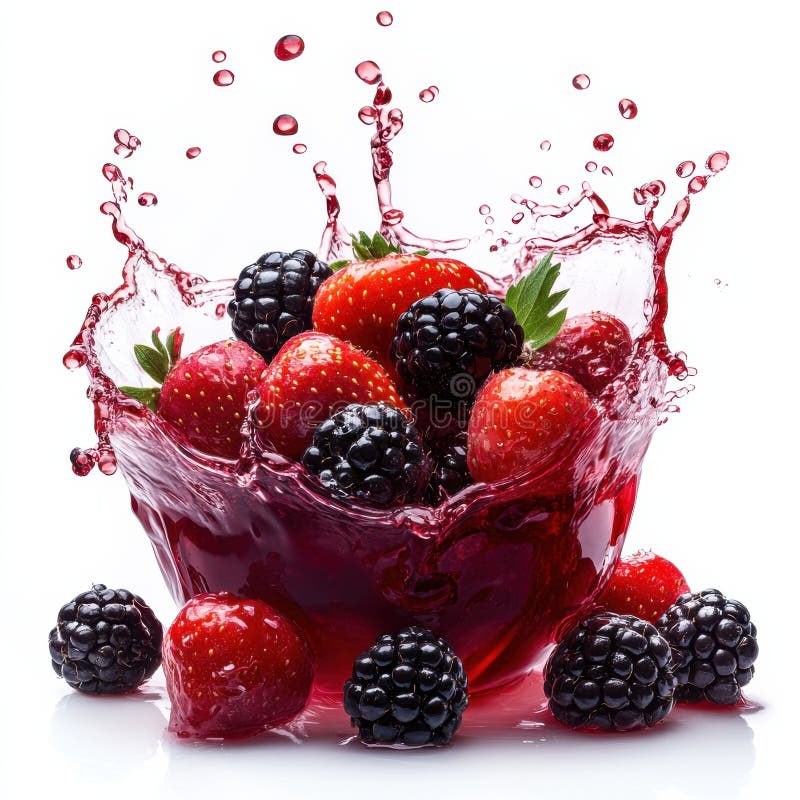Dramatic Juice Splash with Fresh Berries in Clear Liquid Background ...