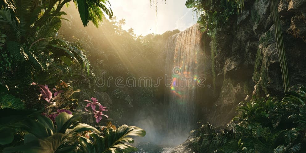 A Dramatic Jungle Waterfall Surrounded by Lush Greenery and Vines. the ...