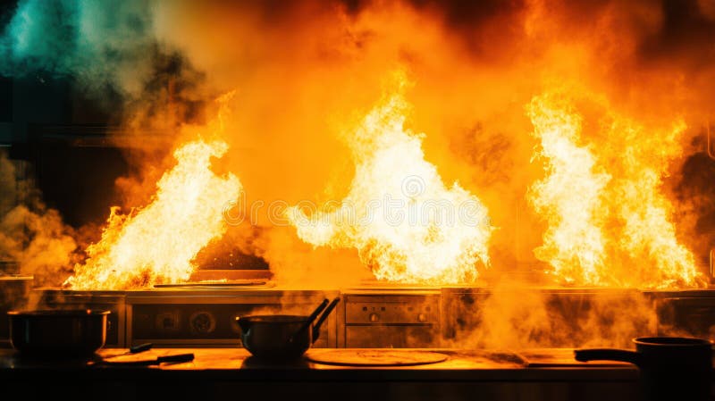 Dramatic Kitchen Fire Explosion with Industrial Stove Flames, AI ...