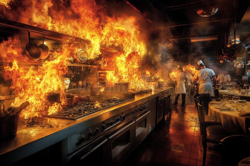 A Dramatic Kitchen Fire Scene Unfolds. Chefs are in Action Amidst ...