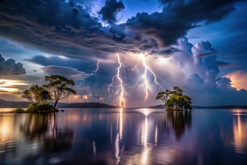 Dramatic Lake Scene with Island Trees and Striking Lightning Bolts ...