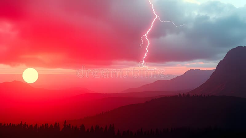 Dramatic Landscape with a Bright Sun, Silhouetted Mountains, and a ...