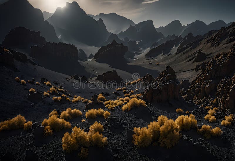 Dramatic Volcanic Rock Landscape at Sunset Stock Photo - Image of ...