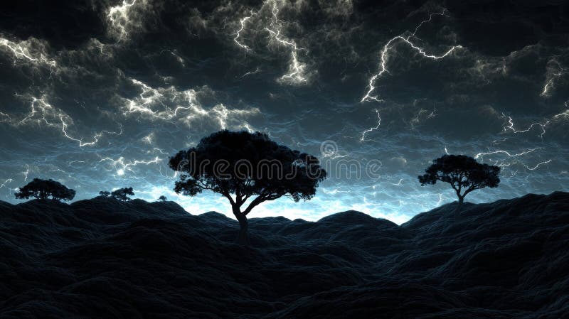 Dramatic Landscape Dark Blue Mountains Three Trees Stormy Sky Stock ...
