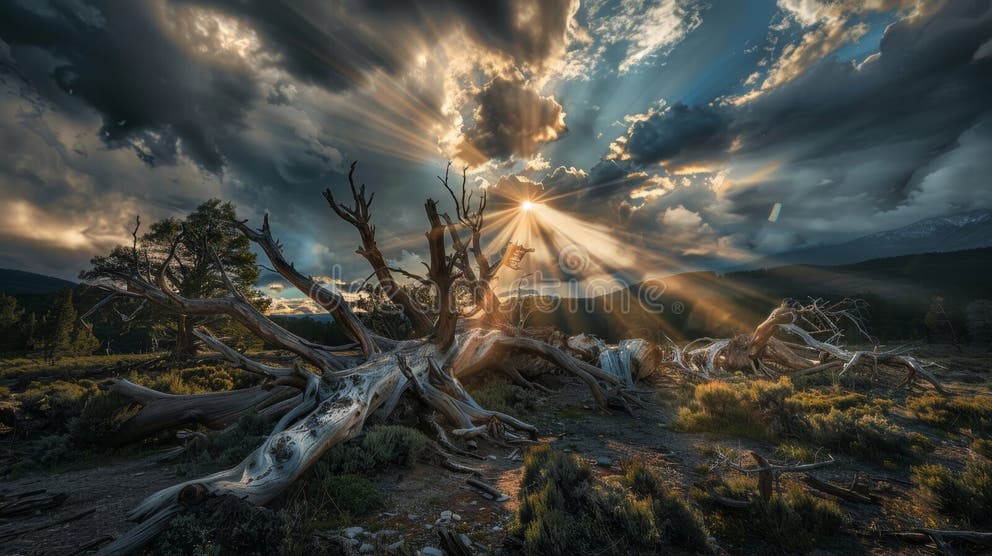 Dramatic Landscape of Fallen Giants Massive Trees Under Divine Light ...