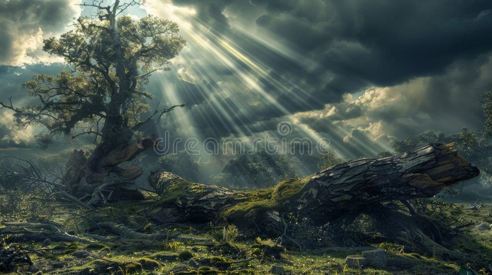 Dramatic Landscape of Fallen Giants Massive Trees Under Divine Light ...