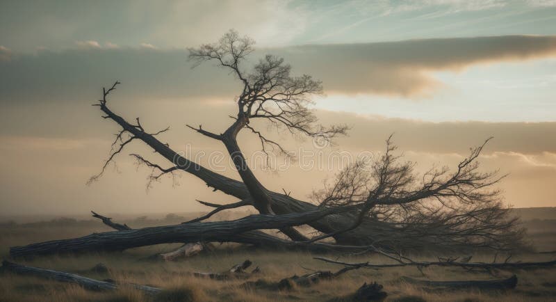 Dramatic Landscape with Fallen Trees and Sky Lighting Stock Image ...