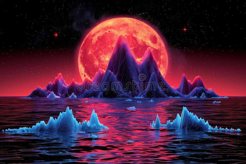 Surreal Lunar Landscape with Vibrant Mountains and Glowing Moon at ...