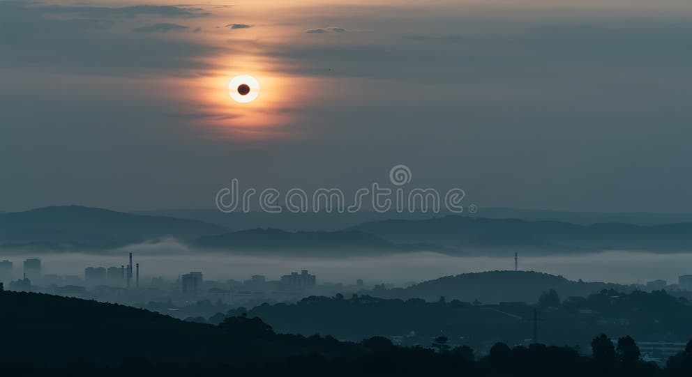 A Dramatic Landscape Features a Solar Eclipse with the Sun Partially ...