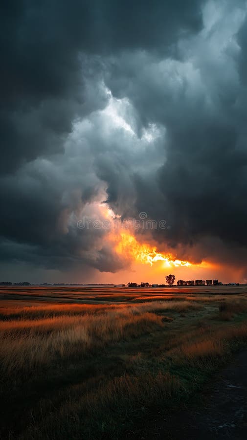 Dramatic Landscape Featuring Dark Storm Clouds Looming Over a Flat ...