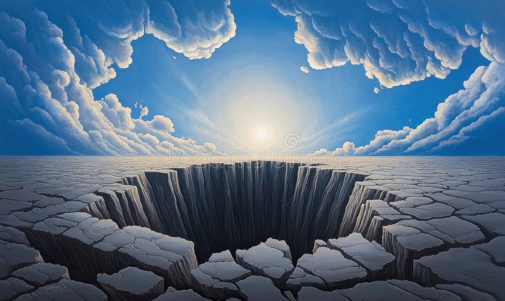 A Dramatic Landscape Featuring a Deep Chasm in Cracked Earth Under a ...