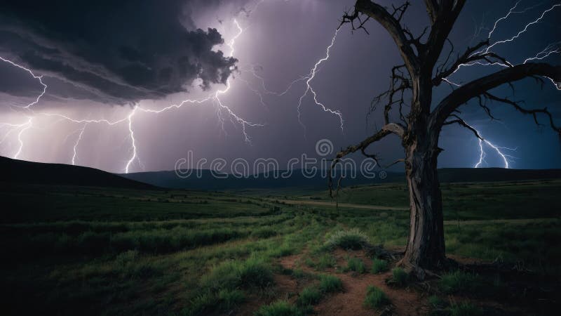 Dramatic Lightning Storm Over Grassland with Dead Tree Stock ...