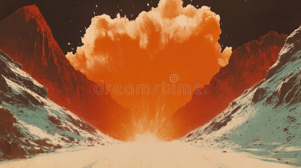 Fiery Sunset Exploding between Mountains, Dramatic Landscape Stock Illustration - Illustration ...