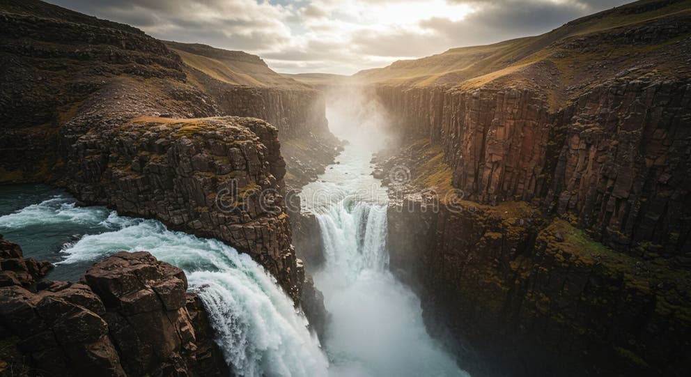 Dramatic Landscape Featuring a Powerful Waterfall Cascading between ...