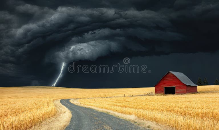 A Dramatic Landscape Featuring a Red Barn Under a Stormy Sky with ...
