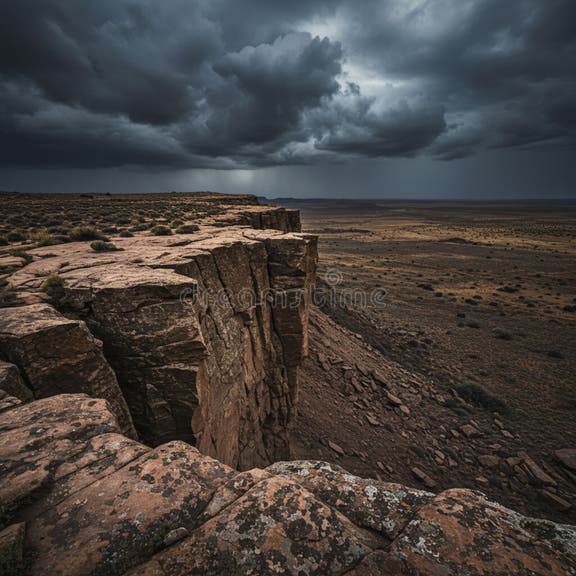 Dramatic Landscape Featuring a Rugged Rocky Cliff Under a Foreboding ...