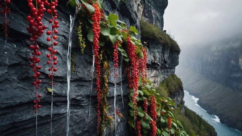 Red Berries Hanging from Cliffside Waterfall, Stunning Mountain View ...