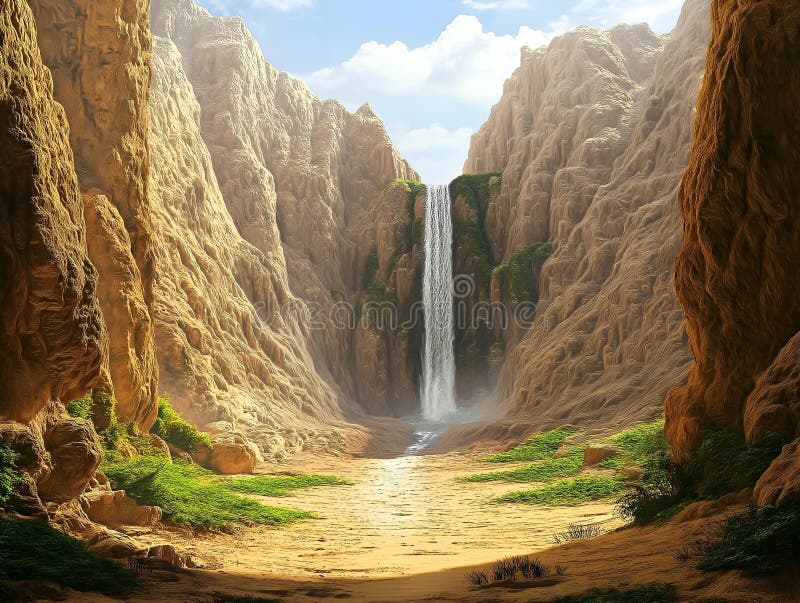 Canyon Waterfall, Desert Landscape, Oasis, Sunlight, Dramatic Lighting ...