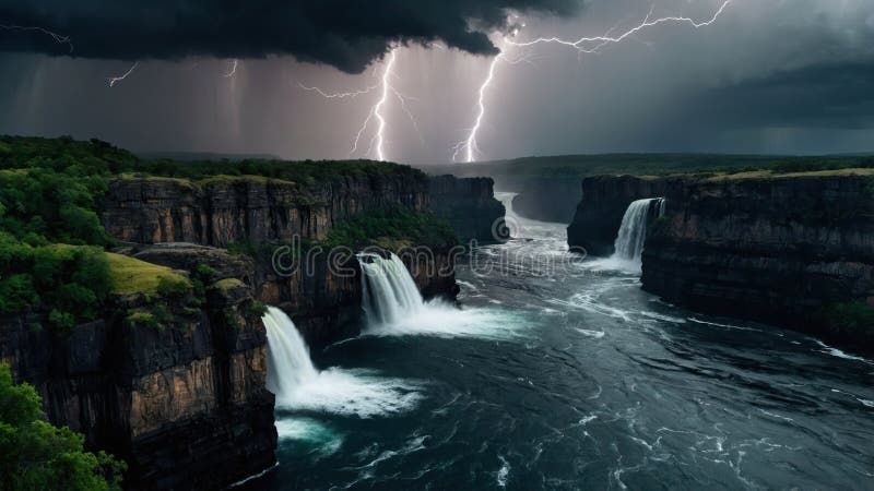 Majestic Waterfall Cascading during a Dramatic Thunderstorm Stock ...