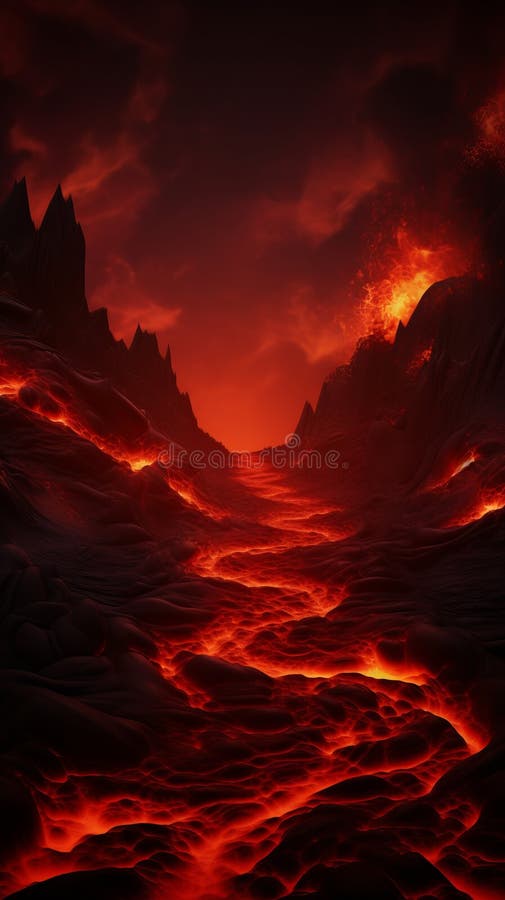 A Dramatic Landscape with Fiery Red Mountains and Flowing Lava Stock ...