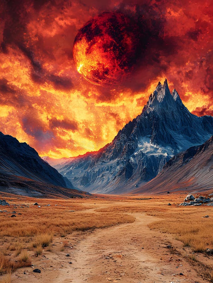 Dramatic Landscape with a Fiery Sky and Mountain Stock Photo - Image of ...