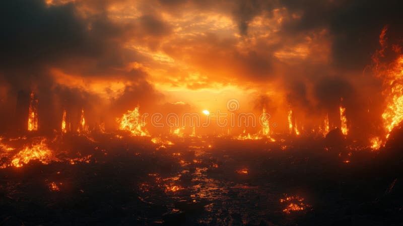 Dramatic Landscape of Fire and Smoke Under Fiery Sunset Stock Photo ...