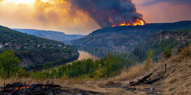 Dramatic Landscape of Forest Fire Across Valley with Smoke and Flames ...