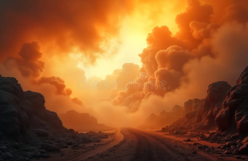 Dramatic Landscape with Huge Clouds of Dust, Smoke in Warm Light. Rocks ...