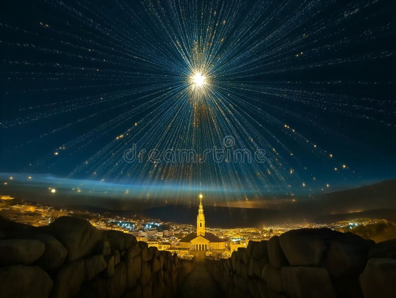 Starry Night Landscape with Celestial Light Beam Stock Illustration ...