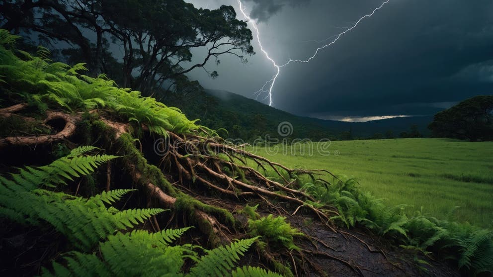 Majestic Tree Roots and Ferns Under a Dramatic Lightning Storm Stock ...