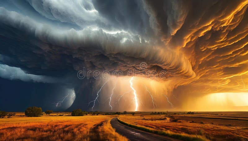 Dramatic Thunderstorm Over Field Lightning Strikes Background Landscape ...