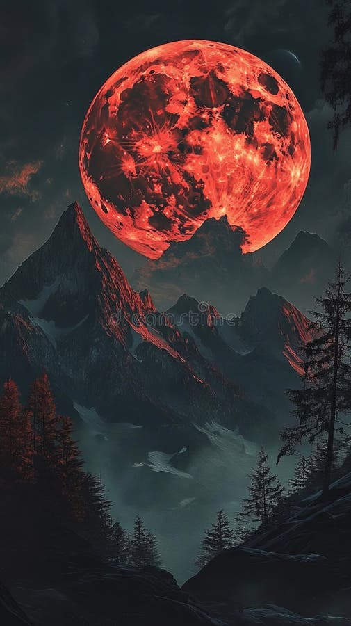 Dramatic Landscape with Red Moon and Mountain Peaks Stock Image - Image ...