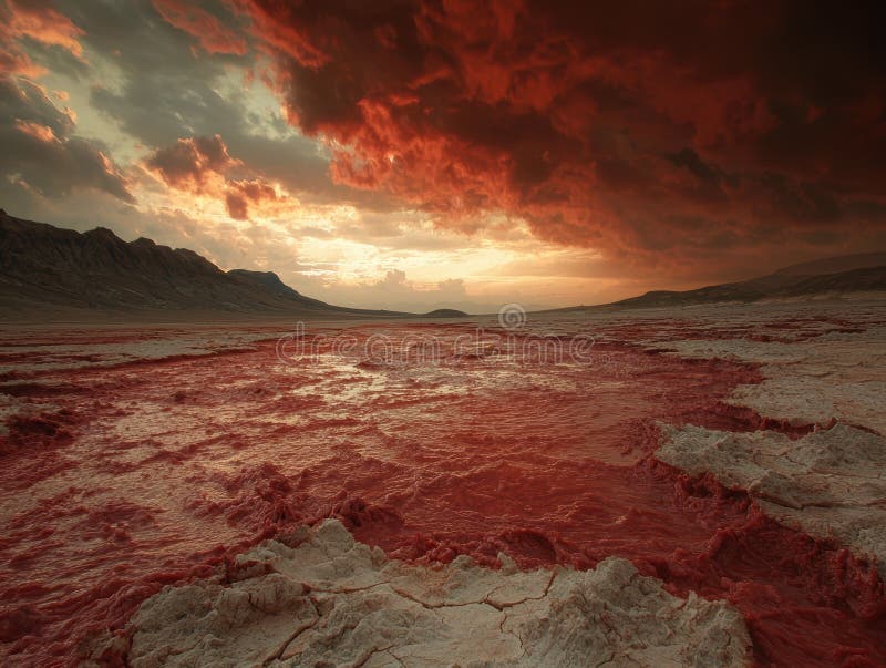 Dramatic Landscape with Red Water and Sky at Sunset. Stock Illustration ...