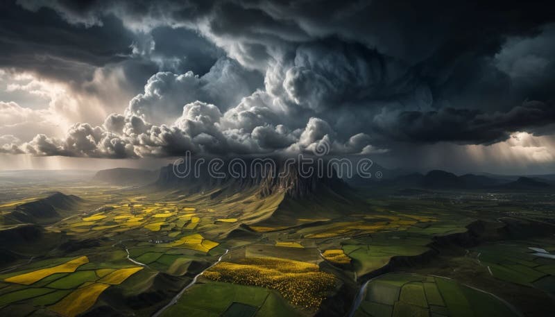 Dramatic Landscape with Storm Clouds Over Field and Mountain Stock ...