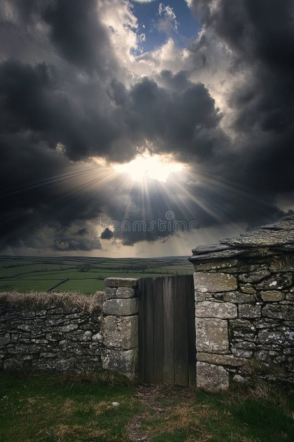 Dramatic Landscape with Stormy Clouds and Open Wooden Gate Stock ...