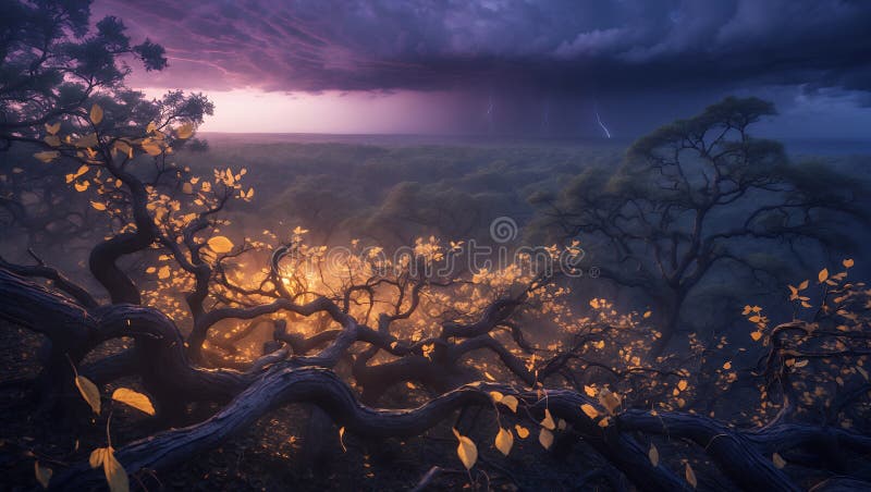 Magical Sunset Over Twisted Trees and Stormy Sky Stock Illustration ...