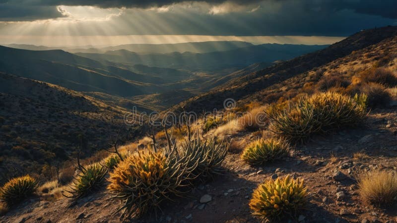Dramatic Desert Sunset: Sunbeams Illuminating Arid Landscape Stock ...
