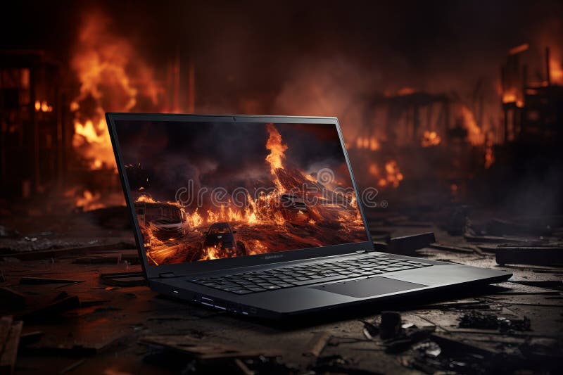Dramatic Laptop on Fire with Thick Dark Grey Smoke - Realistic and ...