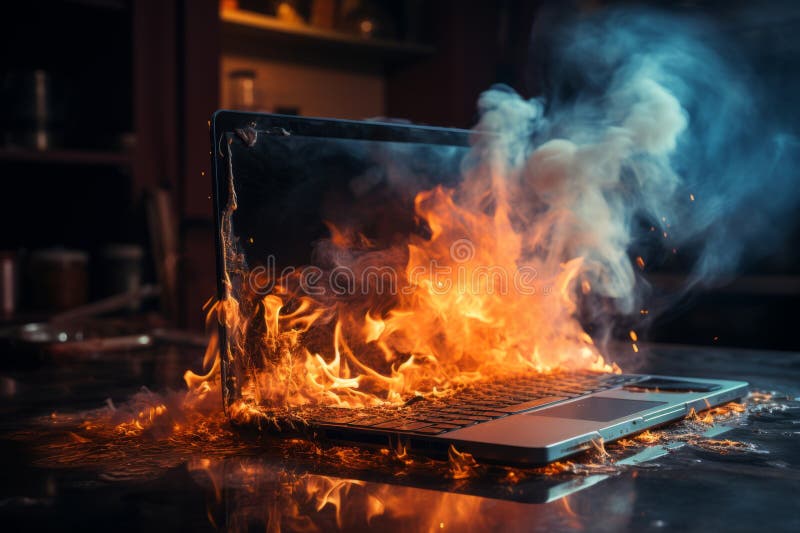Dramatic Laptop on Fire with Thick Dark Grey Smoke - Realistic and ...