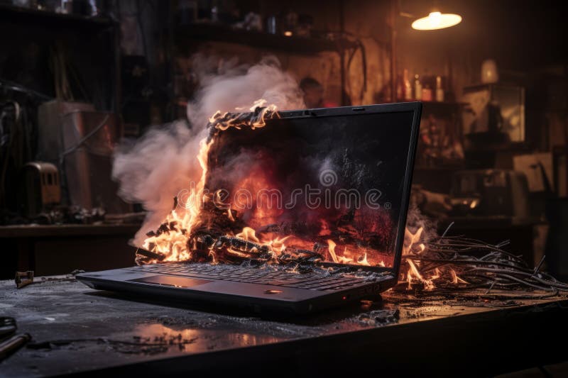 Dramatic Laptop on Fire with Thick Dark Grey Smoke - Realistic and ...