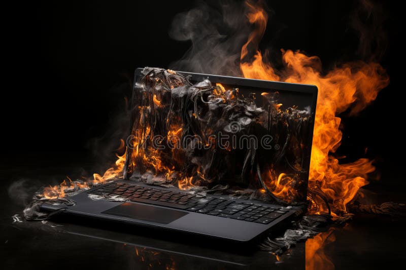 Dramatic Laptop on Fire with Thick Dark Grey Smoke - Realistic and ...