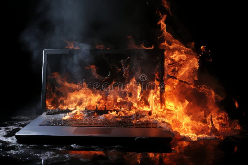 Dramatic Laptop on Fire with Thick Dark Grey Smoke - Realistic and ...