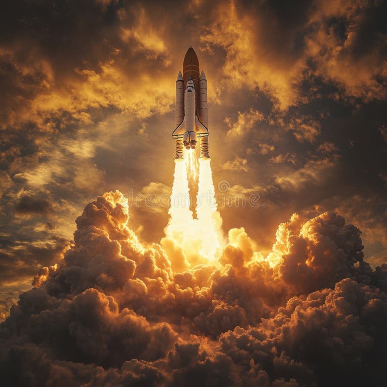 Dramatic Launch of Space Shuttle Against Fiery Cloudy Sky Stock ...