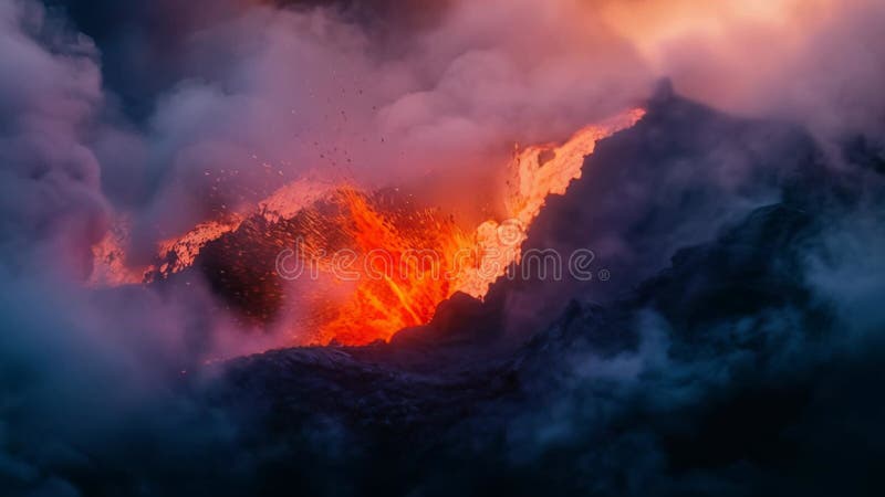 Dramatic Lava Eruption Surrounded by Dark Clouds and Mountains Stock ...