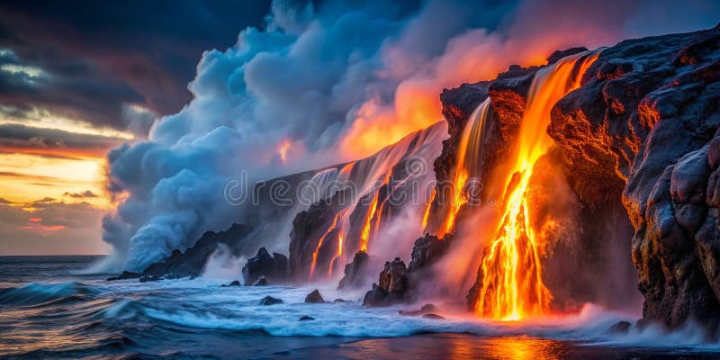 Dramatic Lava Falls Cascade Down Cliff into Ocean at Night AI-Created ...