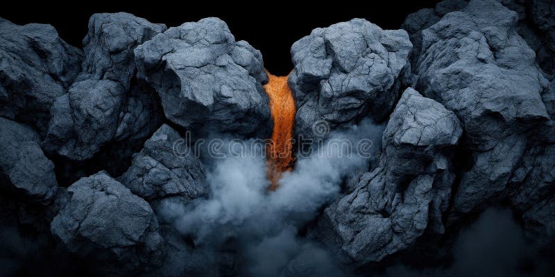Dramatic Lava Flow between Dark Rocks Surrounded by Mist in an Imposing ...