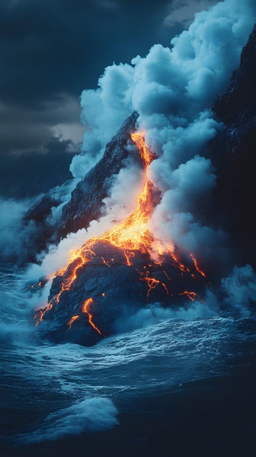 Dramatic Lava Flow Meeting Ocean Waves at Night Stock Illustration ...