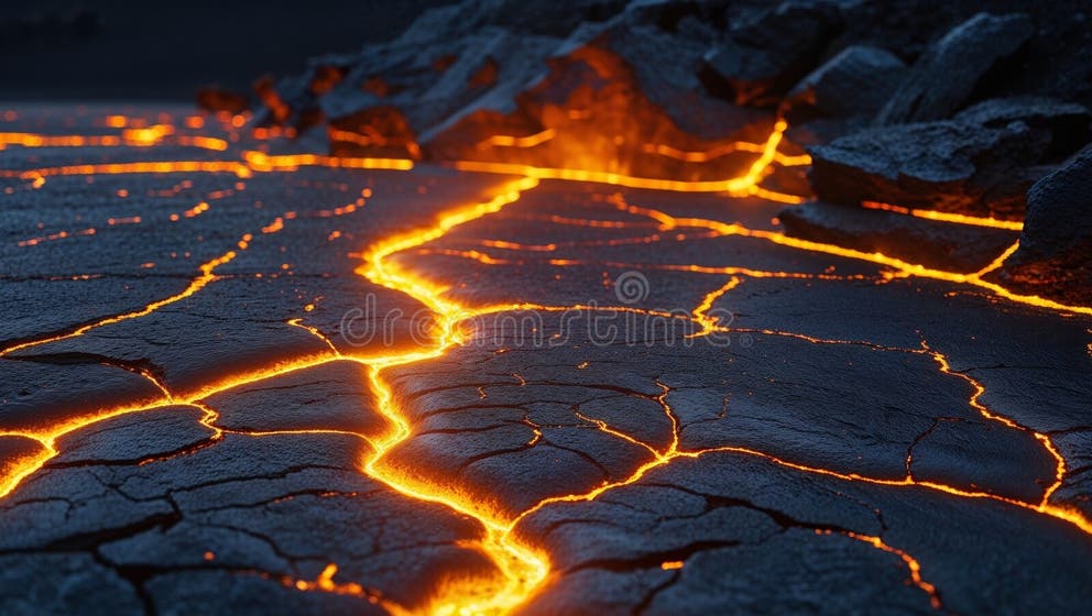 Dramatic Lava Flow Texture with Glowing Cracks and Dark Rocks. Stock ...