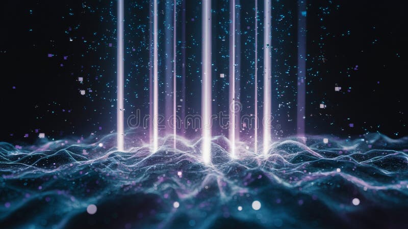 Dramatic Light Beams through Digital Particles Stock Illustration ...